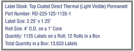2.25" x 1.25"Direct Thermal 1,135 Labels-4' O.D. on 1' core