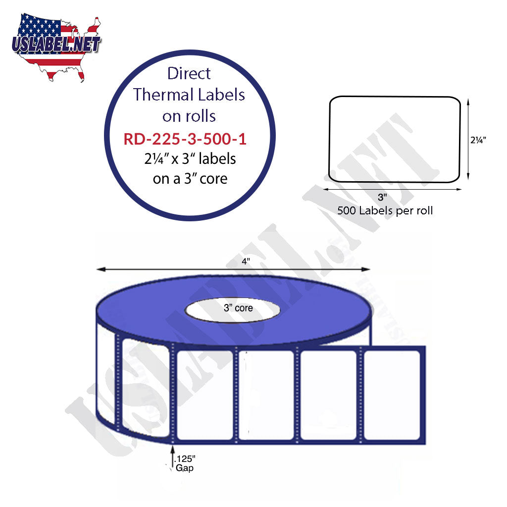 2.25'' x 3'' Direct Thermal 500 Labels-4'' O.D. on 1''core