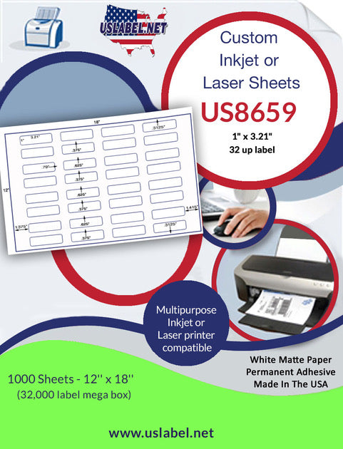 US8659-32up - 1" x 3.21" label on a 12'' x 18'' sheet.
