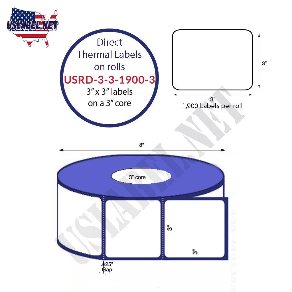 3'' x 3'' Direct Thermal Labels on a 3'' Core - 8'' OD