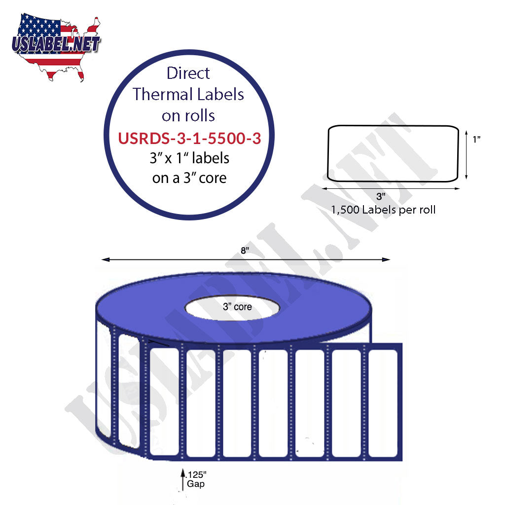 3'' x 1'' Direct Thermal Labels on a 3'' Core - 8'' OD